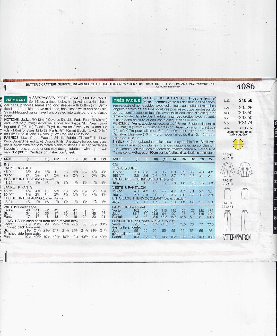 Butterick 4086 Pattern for Misses' Jacket Skirt Pants | Etsy