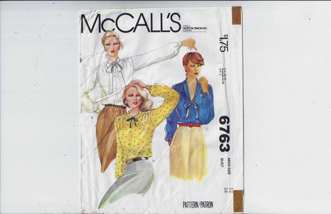 Mccall's 6763 Pattern for Misses' Tie Blouses, Size 12, From 1979, 3 ...
