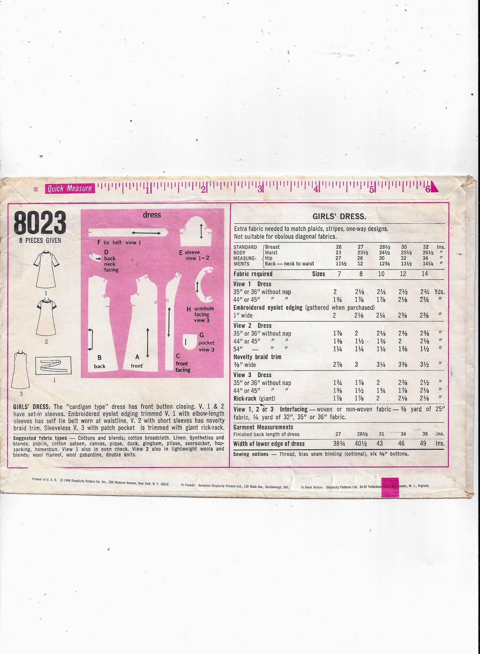 Simplicity 8023 Pattern for Girls' Dress Size 8 From | Etsy