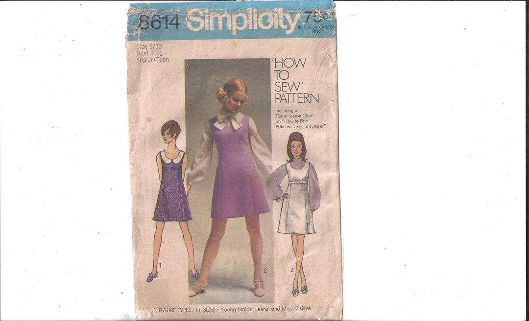Simplicity 8614 Pattern for Young Junior Teen Dress, Jumper, Blouse, Size 9/10, From 1969 ...