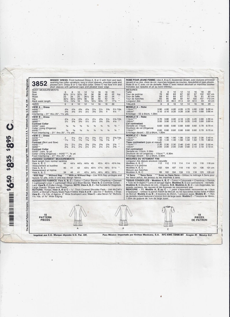 Mccall's 3852 Pattern for Misses' Dress Size 12 From - Etsy