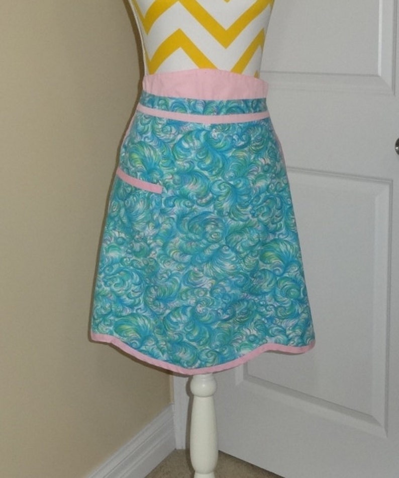 Cotton Kitchen Apron in Turquoise and Pink With Pocket, Leaf or Feather ...