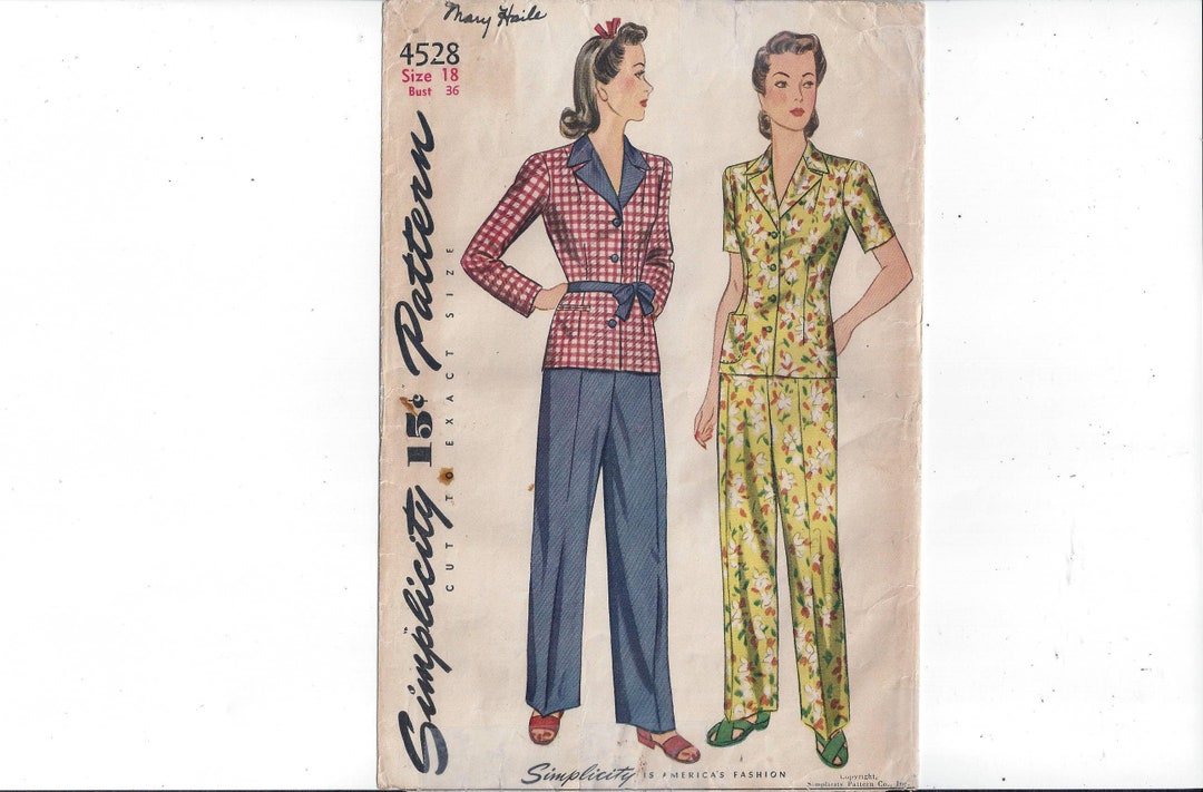 Simplicity 4528 Pattern for Misses' Pajamas in 2 Styles, Size 18, From 1940s, NON Printed ...