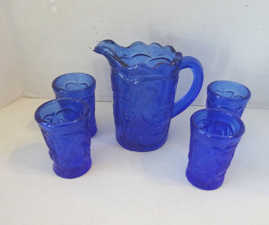 Cobalt Blue Child's Pitcher & 4 Glasses With Peacocks, Doll Play ...