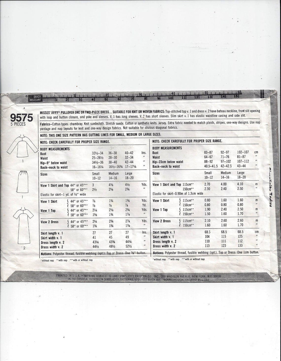 Simplicity 9575 Pattern for Misses' Jiffy Pullover 1 or 2 - Etsy