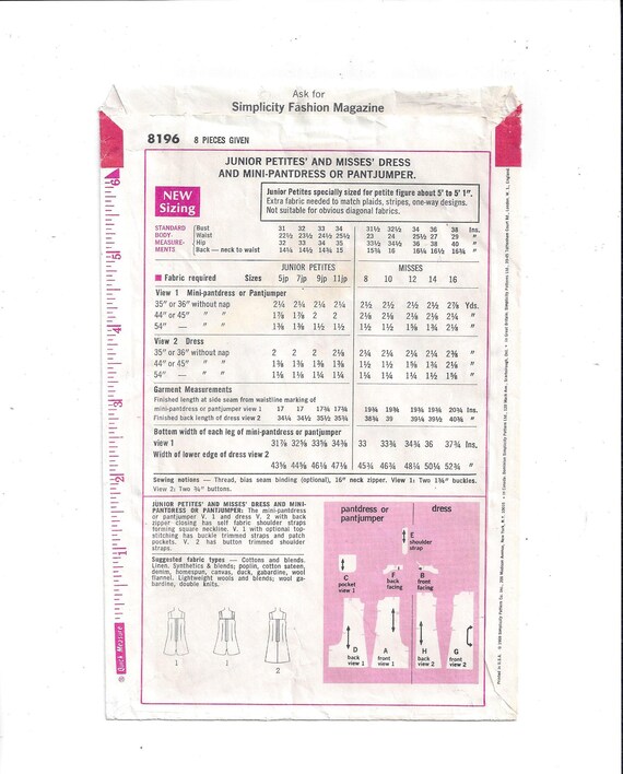 Uncut Simplicity Simplicity 8196 Pattern for Misses' Dress Culottes or ...