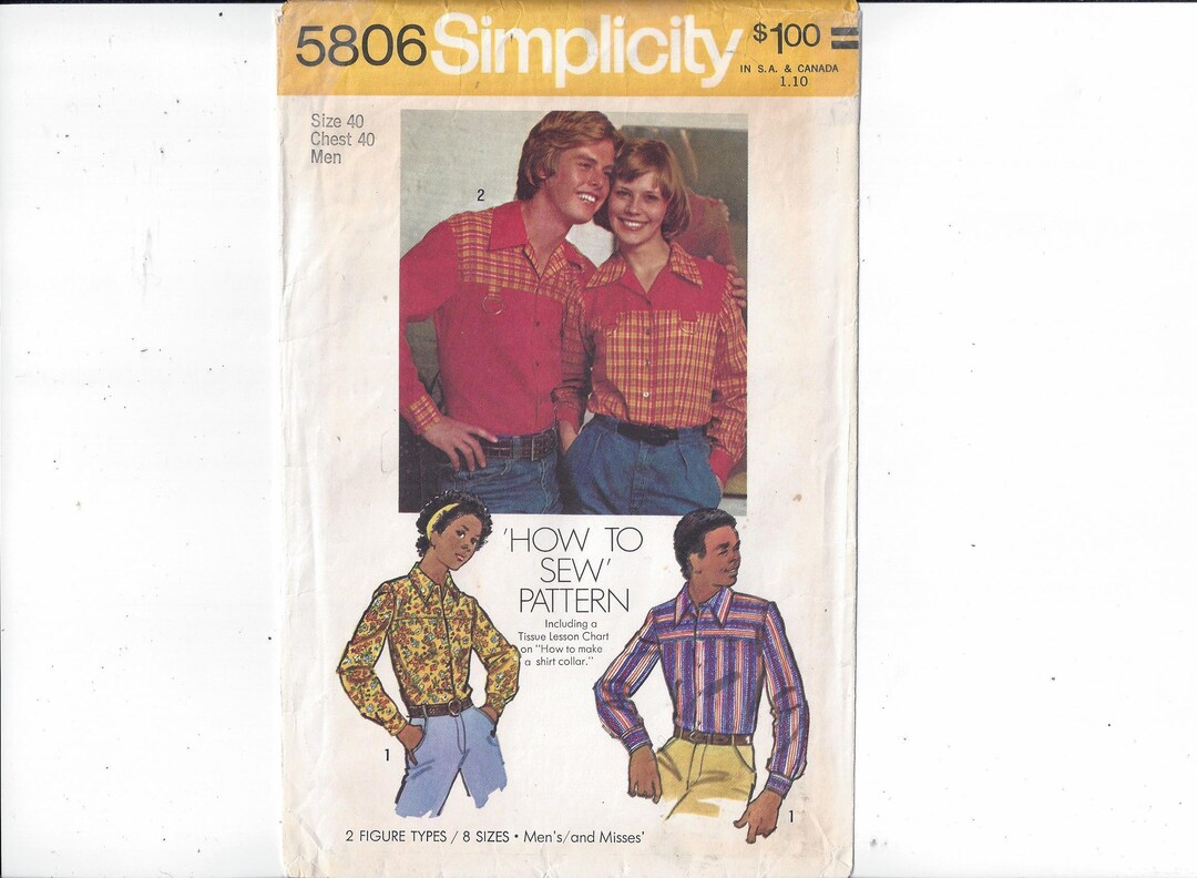 Simplicity 5806 Pattern for Men's Shirt, Size 40 Chest, From 1973, Home ...