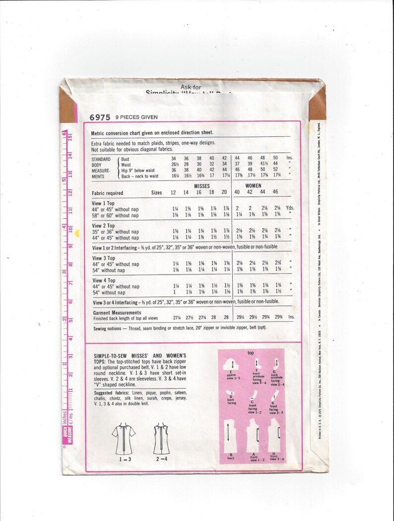 Simplicity 6975 Pattern for Misses' Tops or Blouses in 4 - Etsy