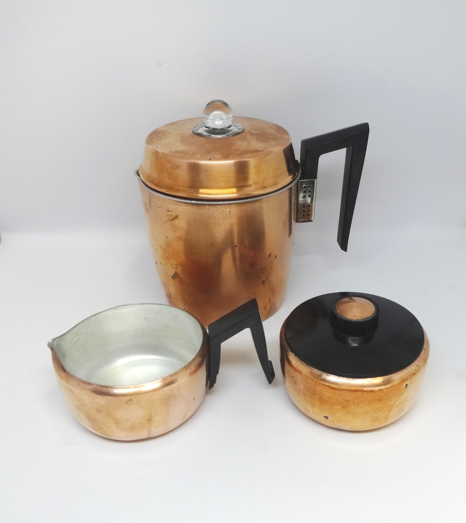 1960 Tiny Copper Clad Percolator or Coffee Pot With Creamer and Sugar W ...
