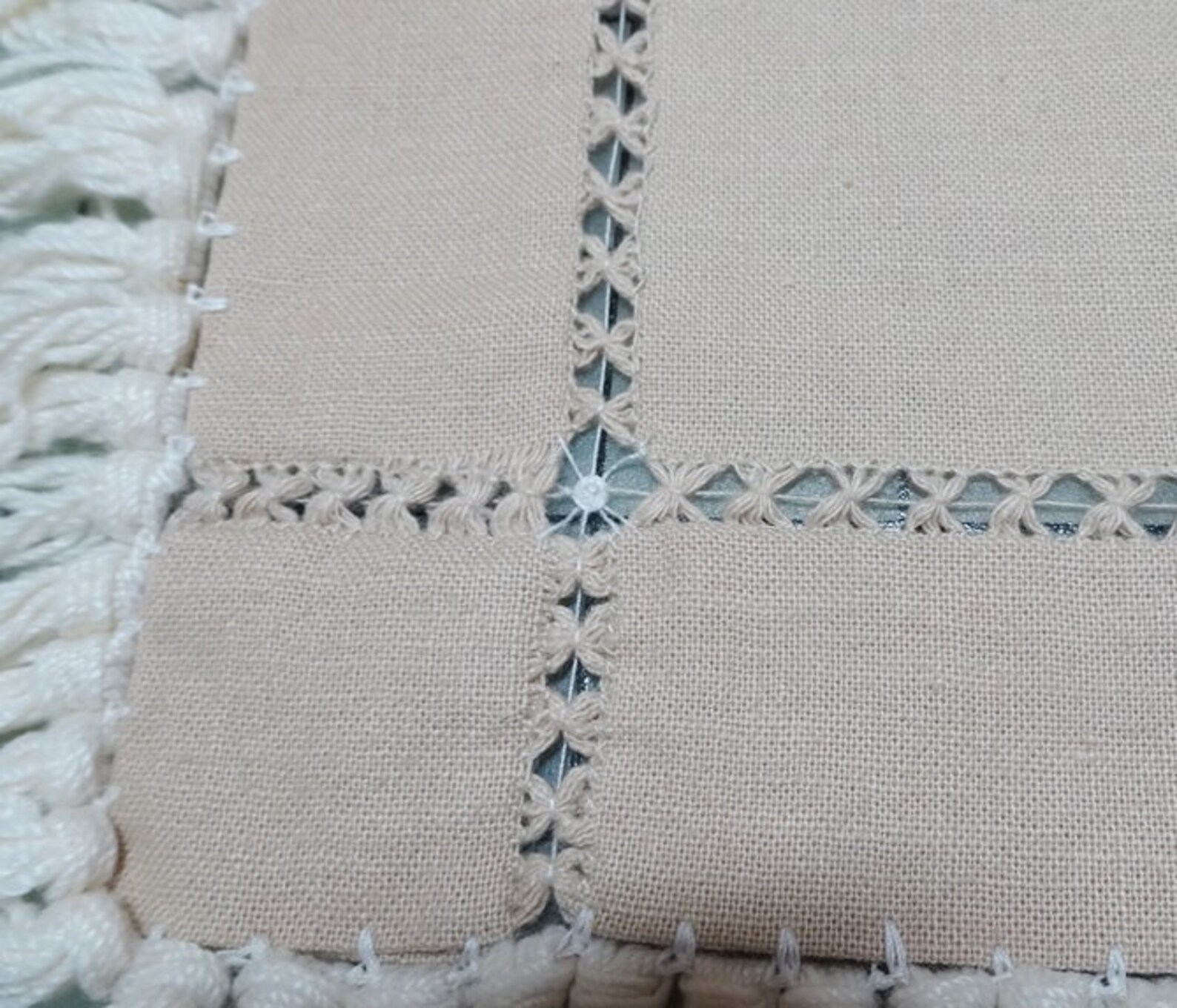 1980s Tan Tablecloth With Ivory Knotted Fringe & Drawn Work, Cotton, 54 ...