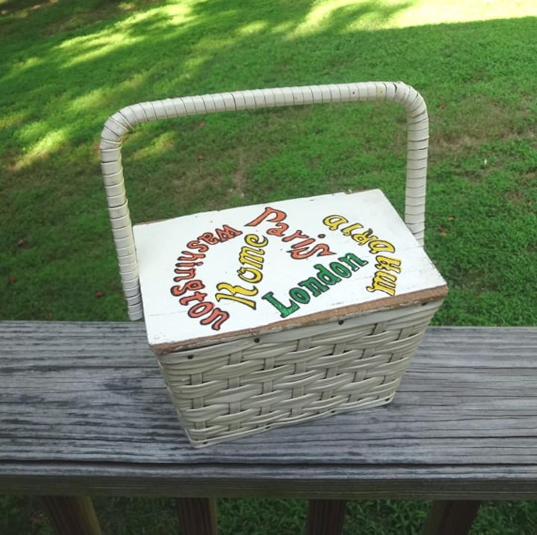 1960s Vintage Vinyl Wicker Box Purse With Painted Travel Details, 7 X 5 ...