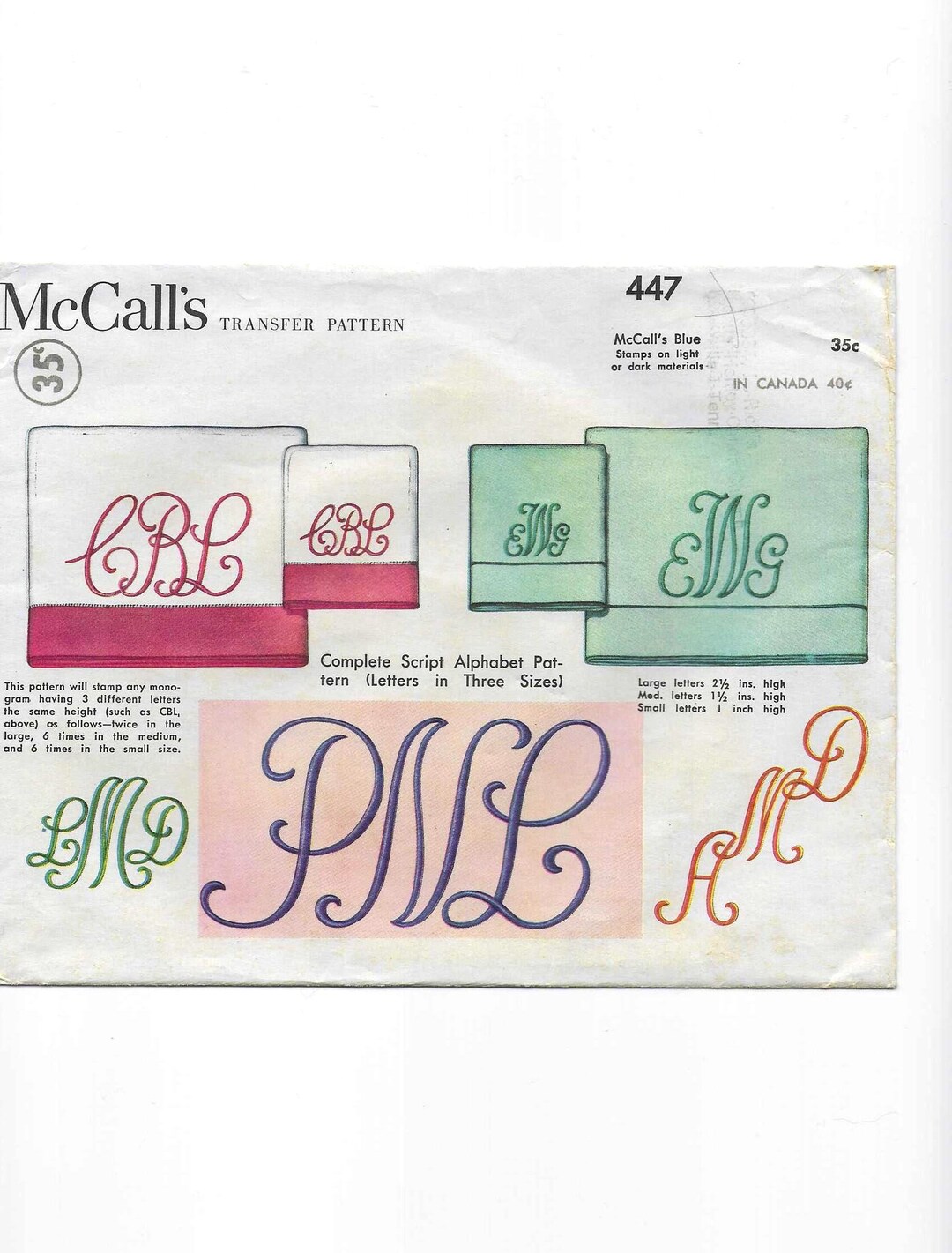 Mccall's 447 Monogram Pattern for Embroidery Hot Iron Transfers ...