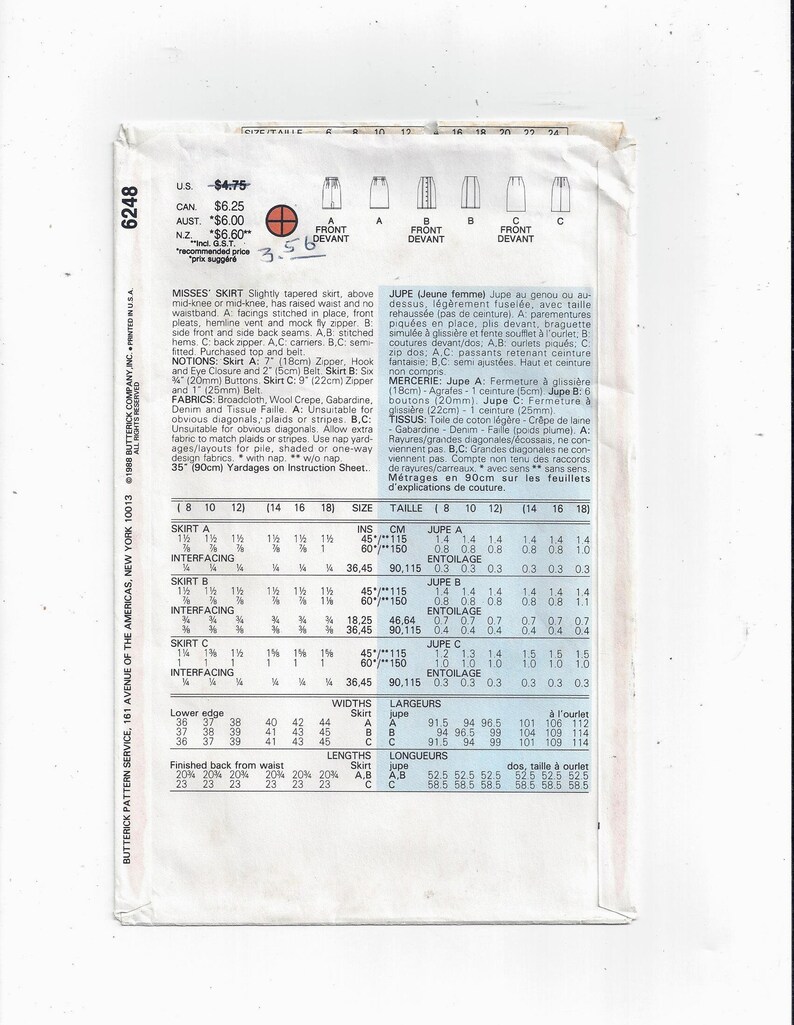 Butterick 6248 Pattern for Misses' Skirt, 3 Styles, Plus Size 14 16 18 ...