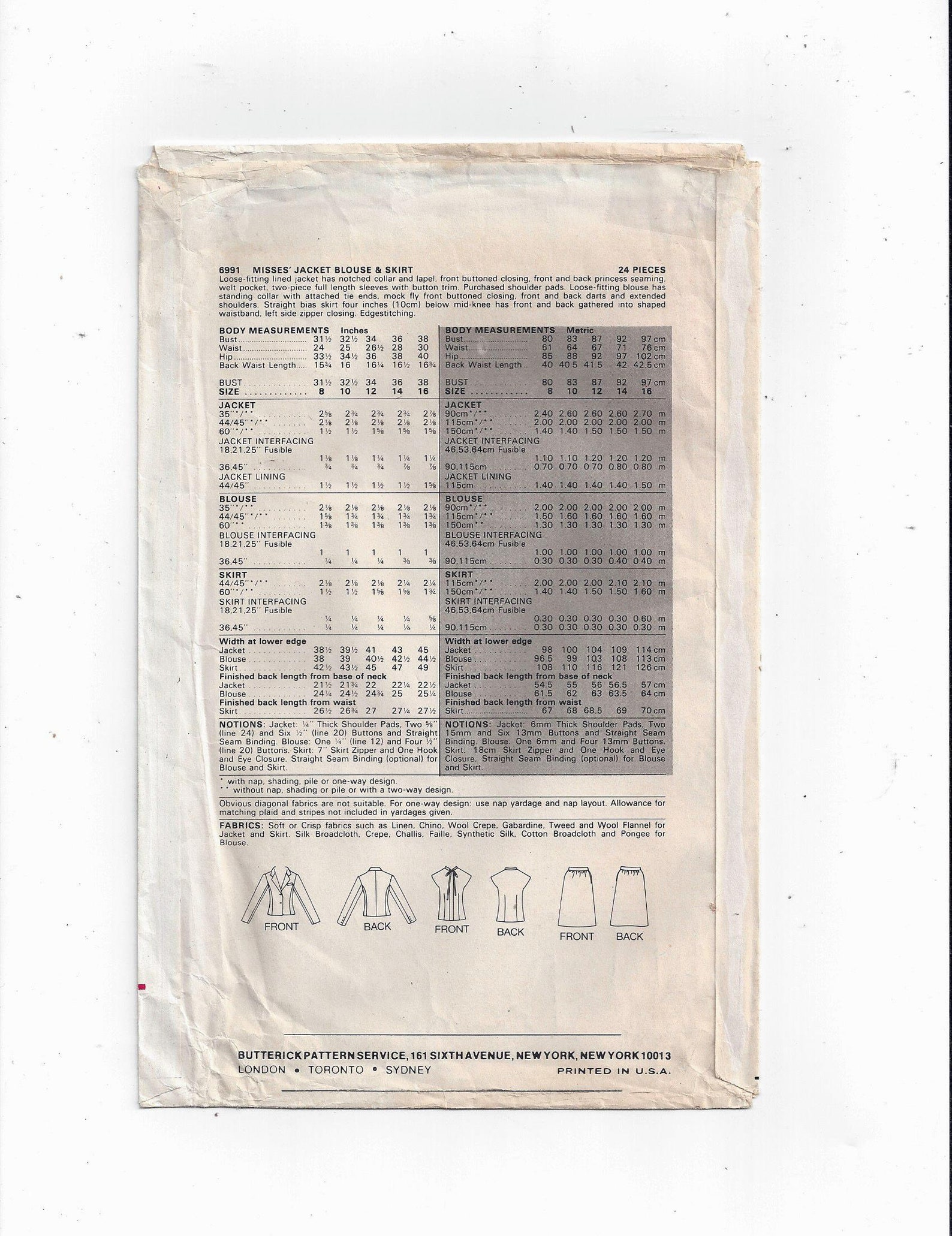 Butterick 6991 Pattern for Misses' Jacket Blouse Skirt - Etsy