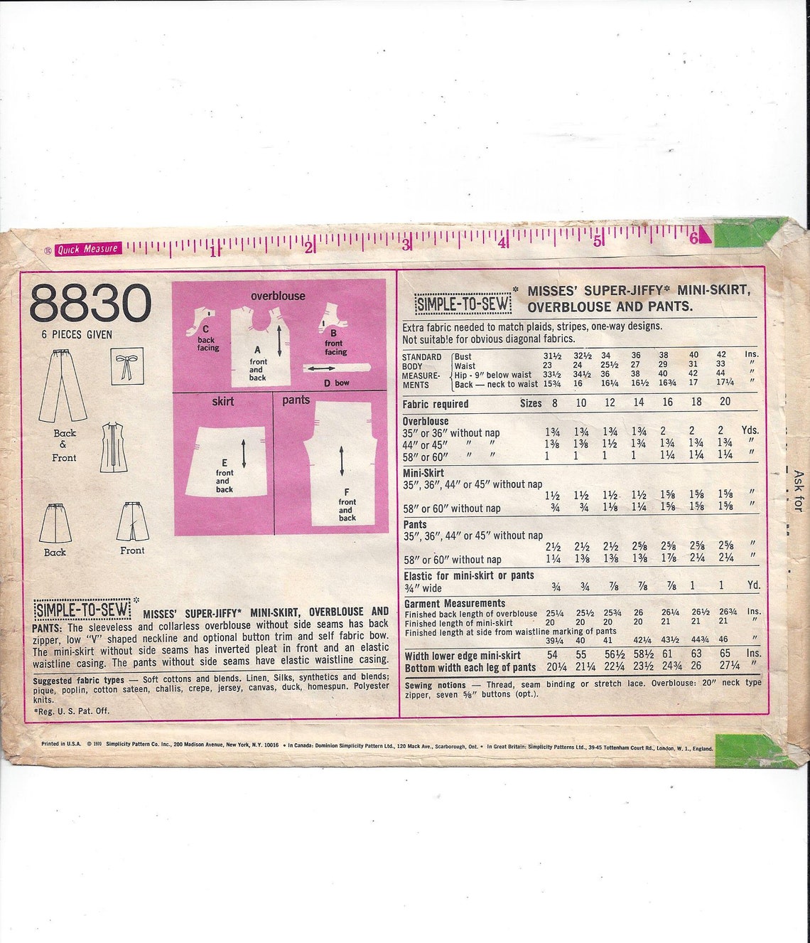 Simplicity 8830 Pattern for Misses' Super Jiffy Mini - Etsy