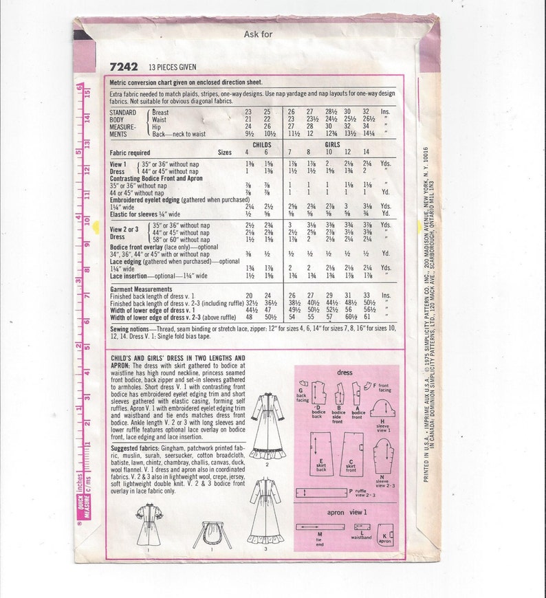 Simplicity 7242 Pattern for Girls' Dress in 2 Lengths & Apron, Size 6 ...