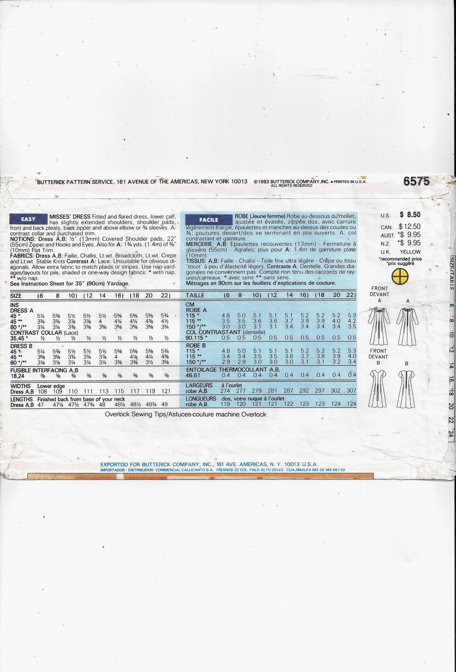 Butterick 6575 Pattern for Misses' Dress Size 12 14 16 - Etsy