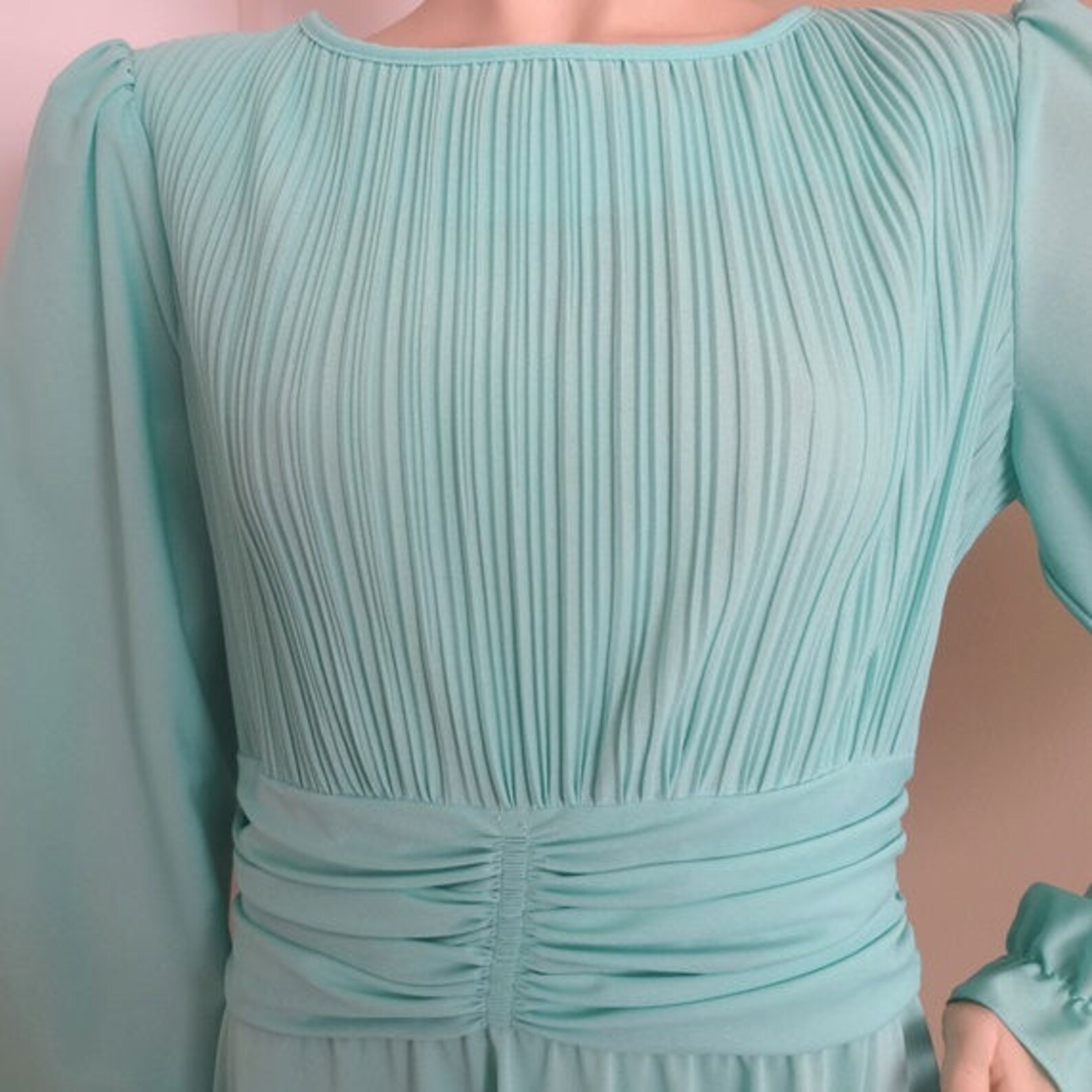 1980s Vintage Boston Maid Pleated Bodice Fashion Dress in Aqua, Size 14 ...