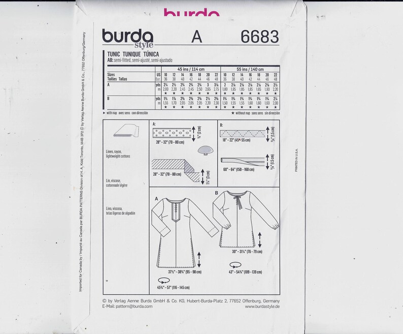 Burda Style 6683 Pattern for Misses' Tunic, Sizes US 10 12 14 16 18 20 ...