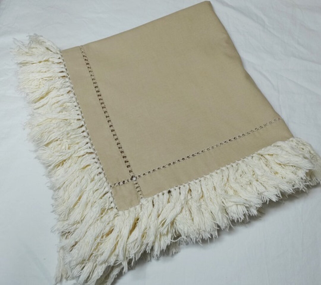 1980s Tan Tablecloth With Ivory Knotted Fringe & Drawn Work, Cotton, 54 ...