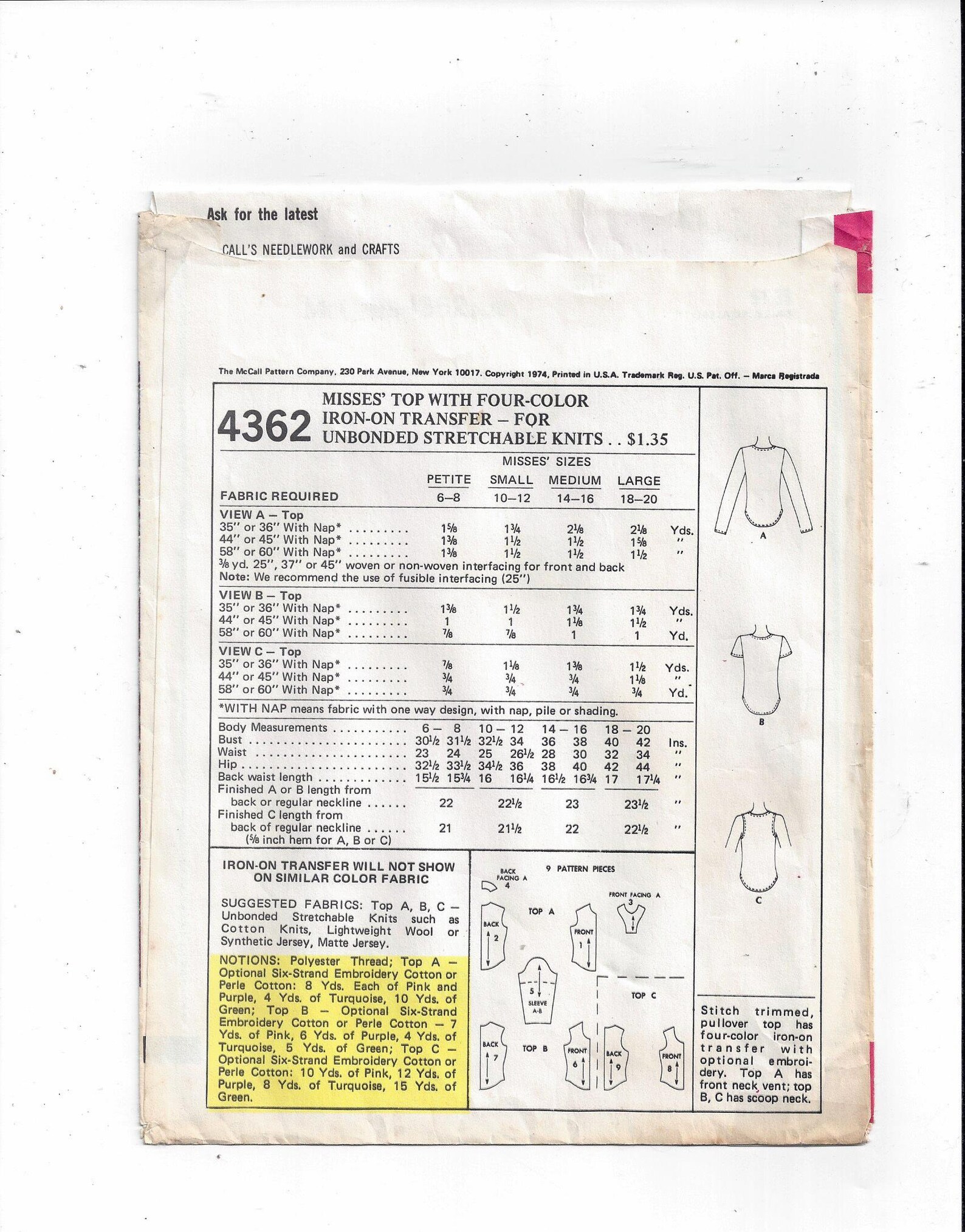 Mccall's 4362 Pattern for Misses' Top With 4 Color - Etsy