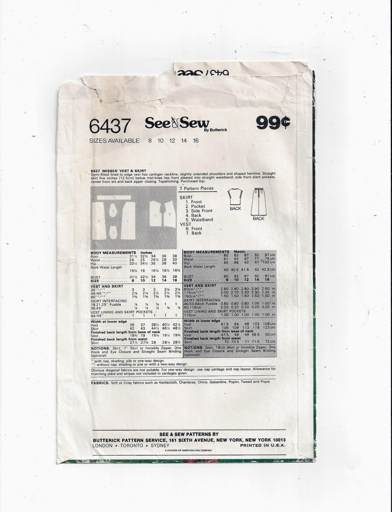 See & Sew 6437 Pattern for Misses' Vest, Skirt, Size 10, From 1980s ...
