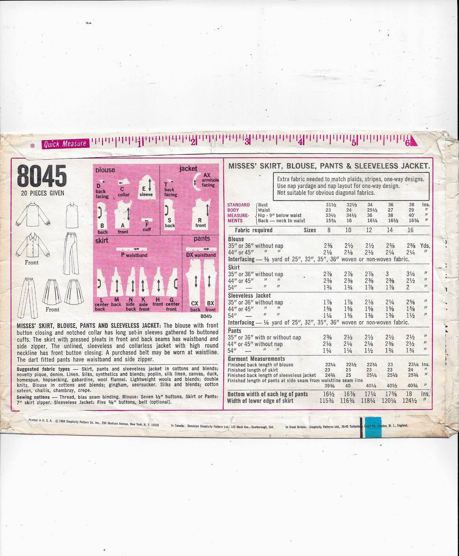 Simplicity 8045 Pattern for Misses' Skirt, Blouse, Pants, Sleeveless ...