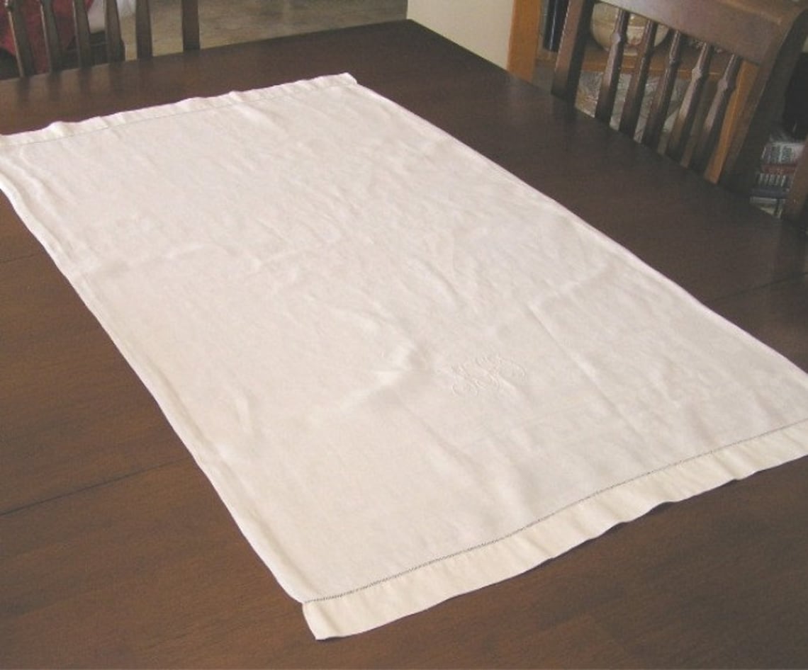 1940s Linen Hand Monogrammed Ivory Damask Towel With Scroll, Floral ...