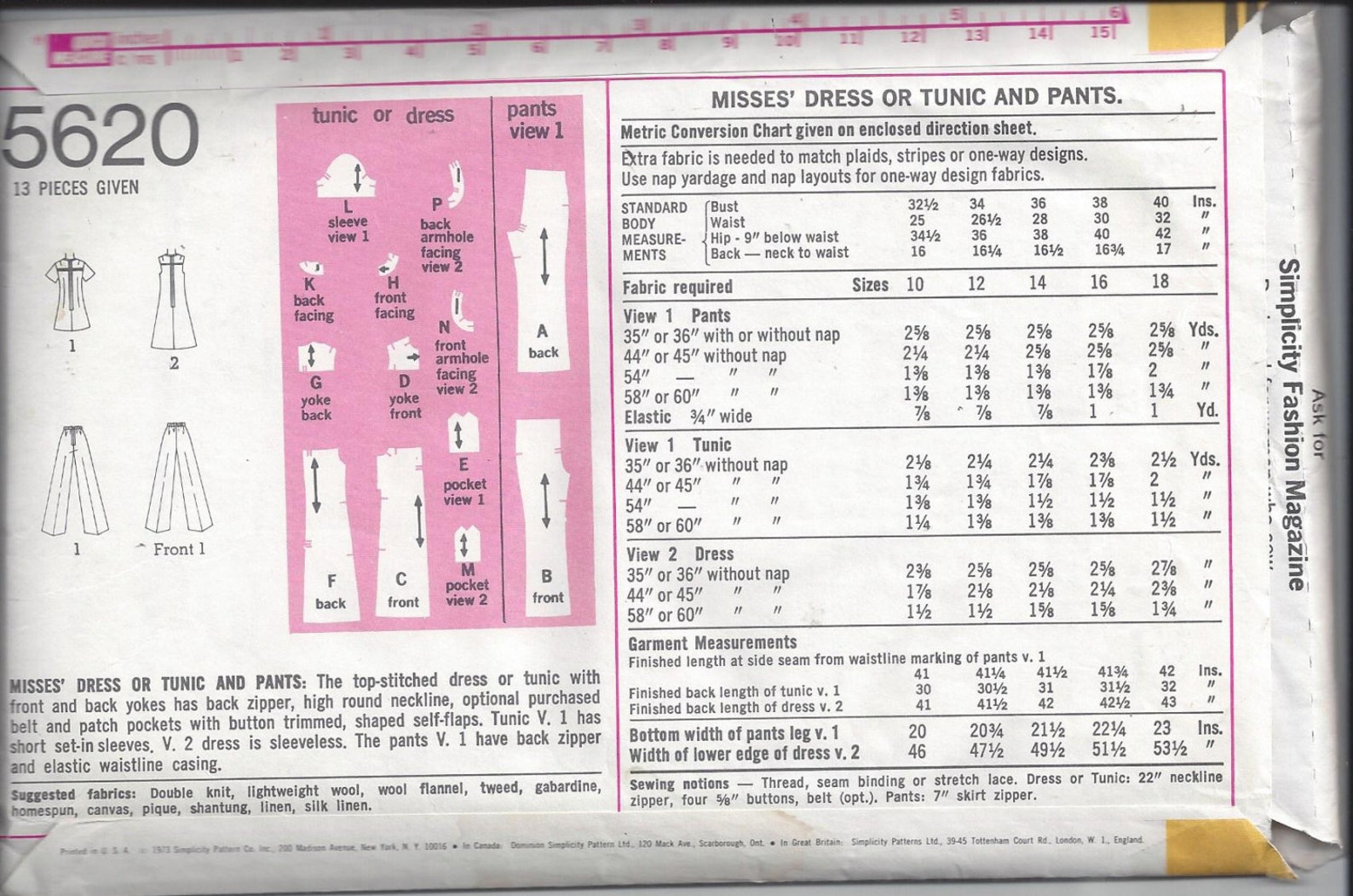 Simplicity 5620 Pattern for Misses' Dress or Tunic and - Etsy