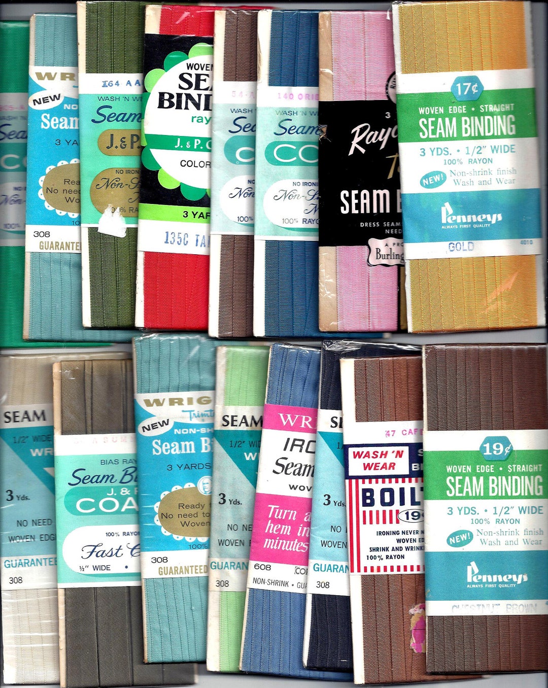 1940-1970s Packaged RAYON Seam Binding, 3 Yd, Wrights, Penneys, Coats ...