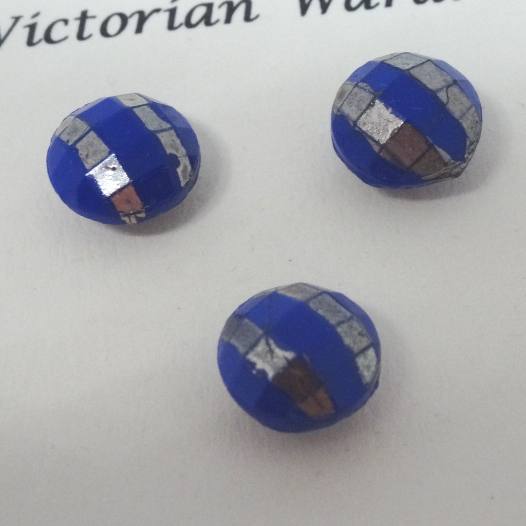Set of 3, 1940s Cobalt Blue Faceted Glass Buttons With Silver Paint ...