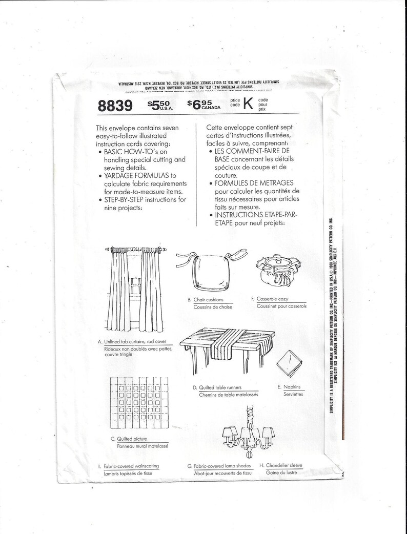 Simplicity 8839 Pattern Instructions for Country Keeping Room - Etsy