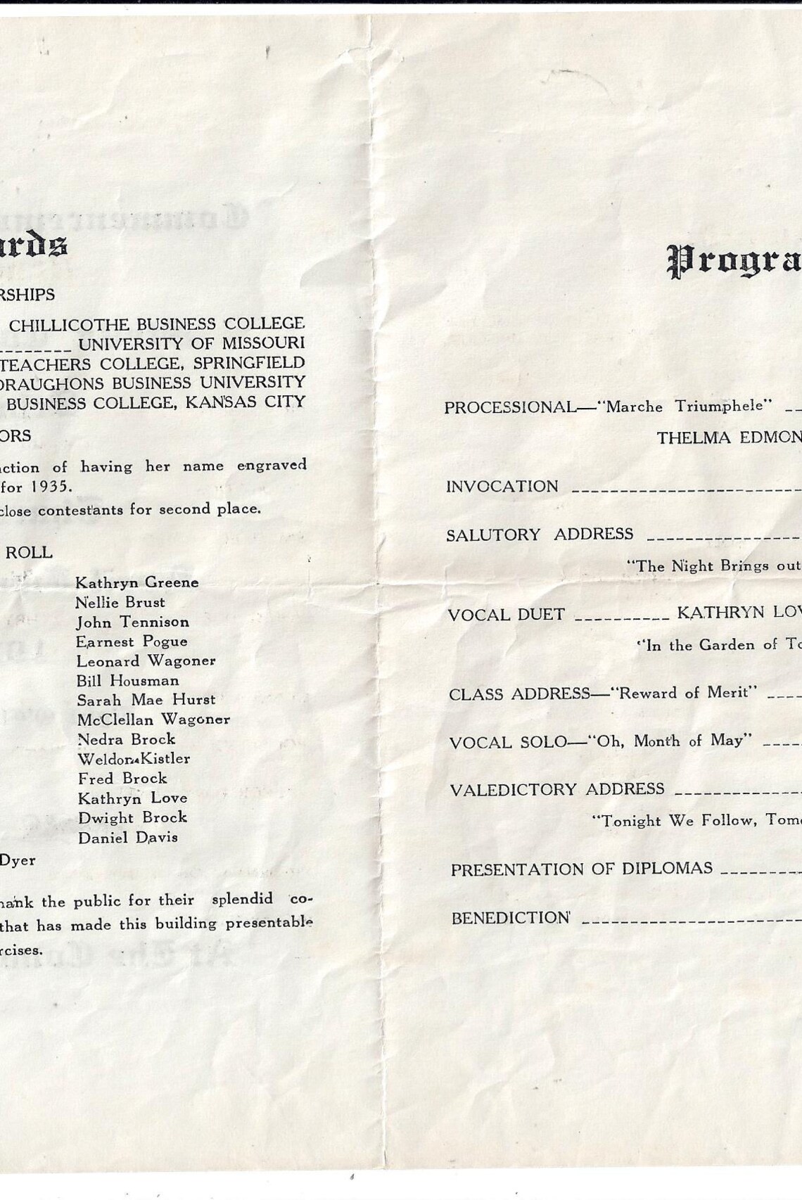 1935 Vintage Commencement or Graduation Program for Stella Consolidated ...