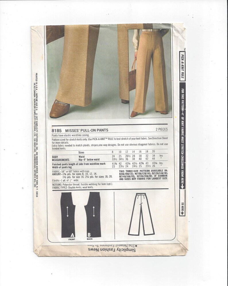 Simplicity 8185 Pattern E.S.P., Extra Sure Pattern for Misses' Pull on ...