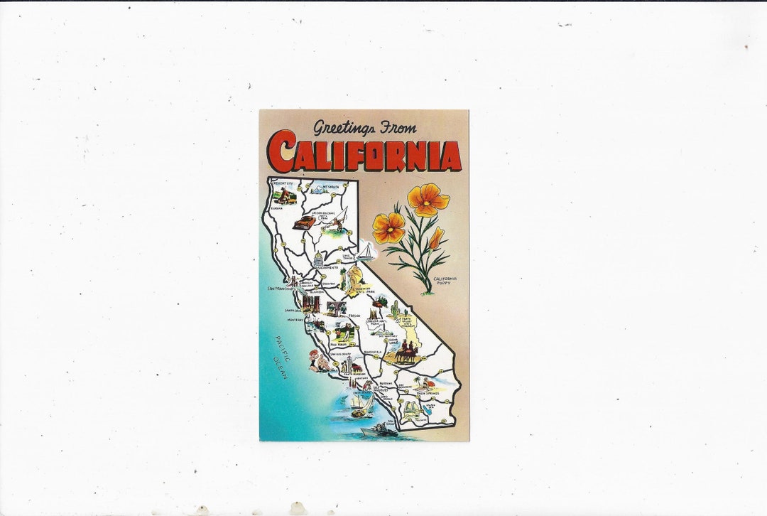 1960s Greetings From California Map Postcard, Unposted, Travel Souvenir ...