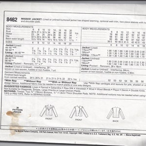 Mccall's 8462 Pattern for Misses' Jacket in 3 Styles, Size 8, From 1983 ...