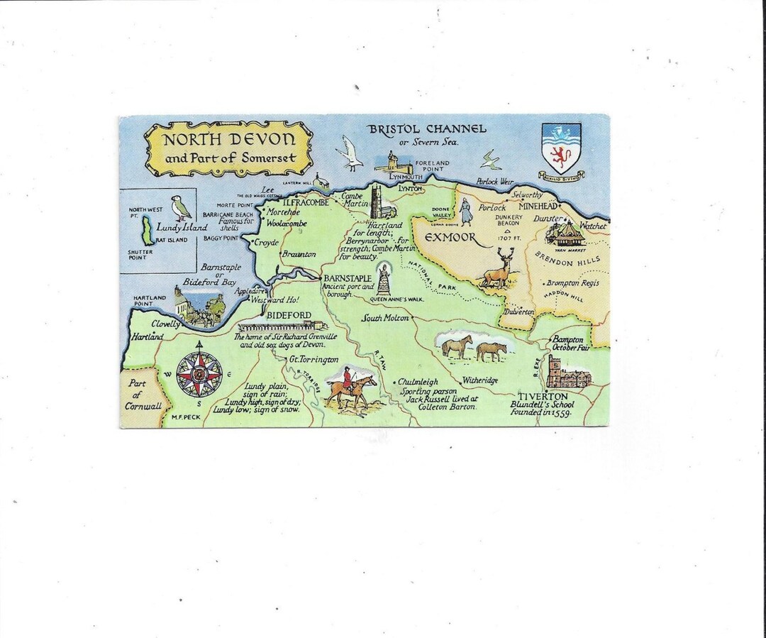 1983 Color Map Postcard of North Devon & Part of Somerset, England ...