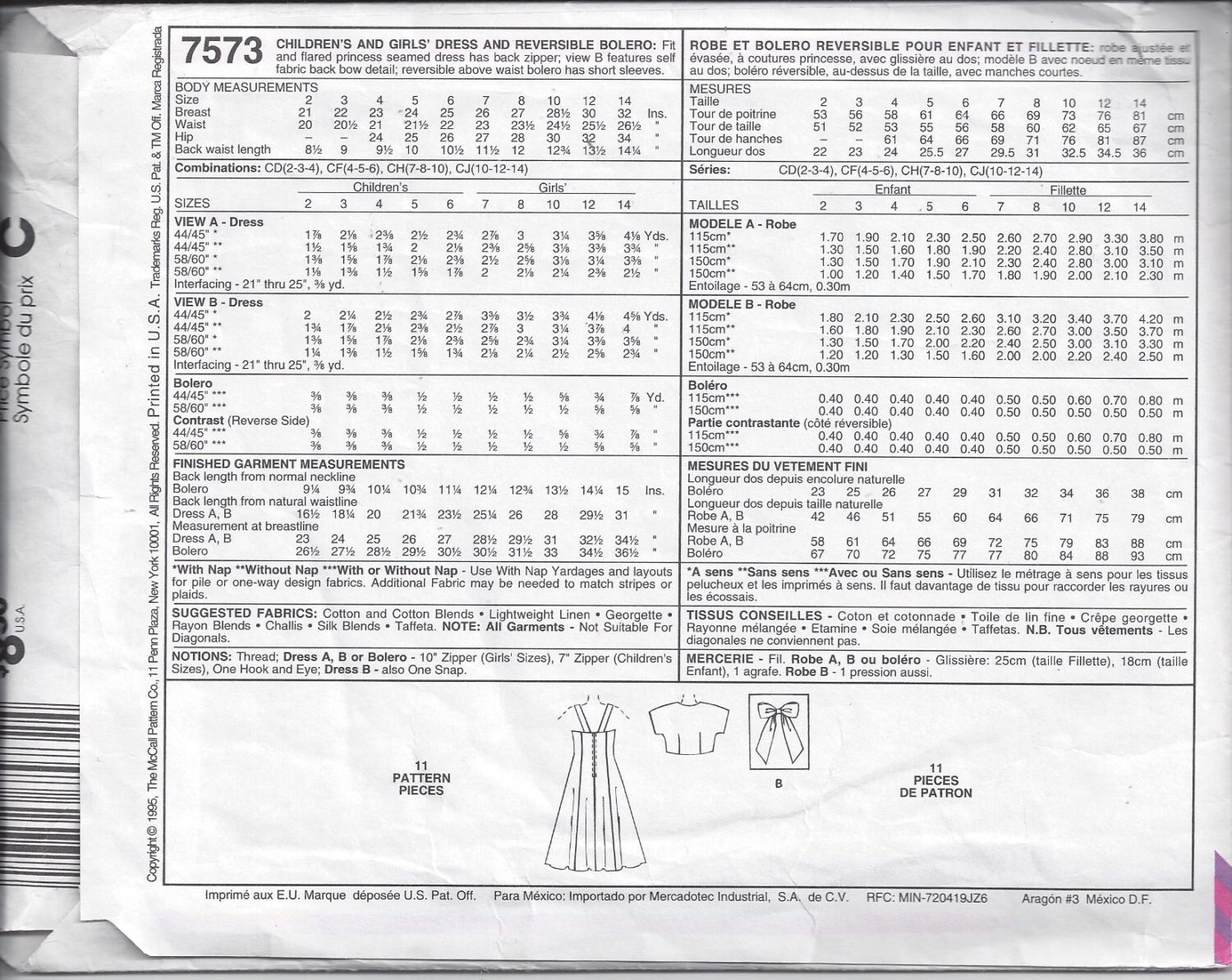 Mccall's 7573 Pattern for Girls' Dress and Bolero - Etsy