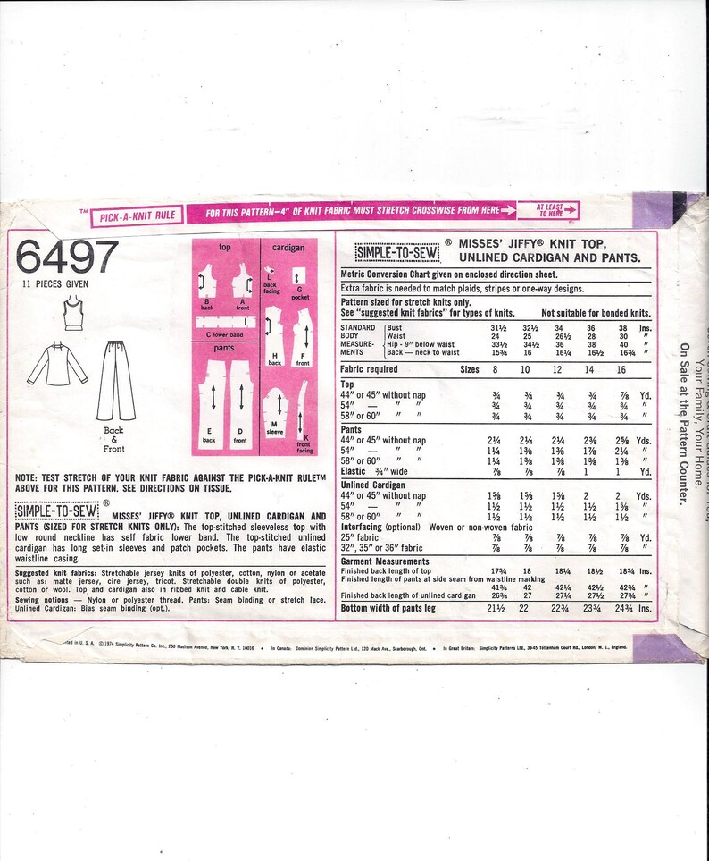 Simplicity 6497 Pattern for Misses' Jiffy Knit Top, Cardigan, Pants ...