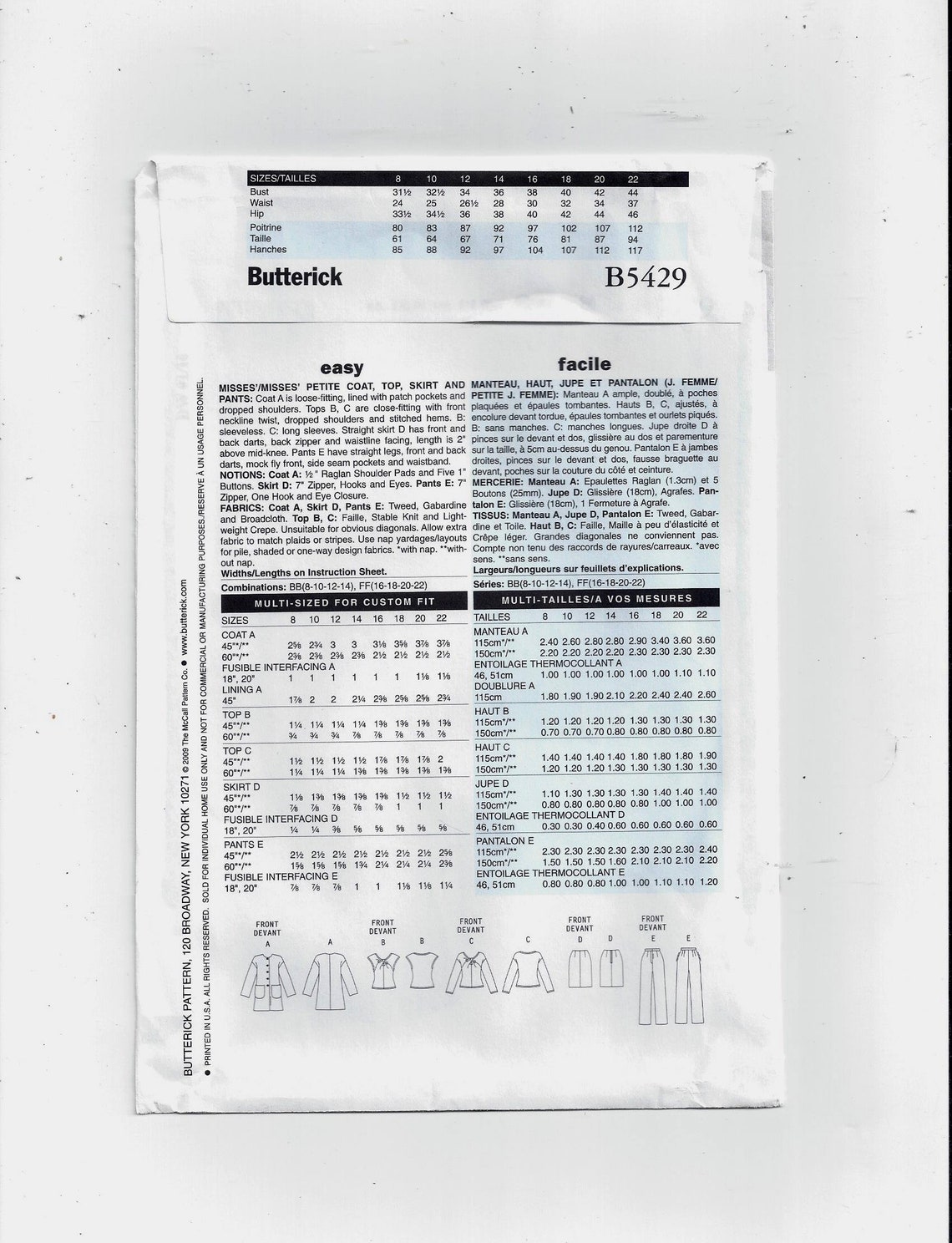 Butterick 5429 Pattern for Misses' Coat Top Skirt - Etsy