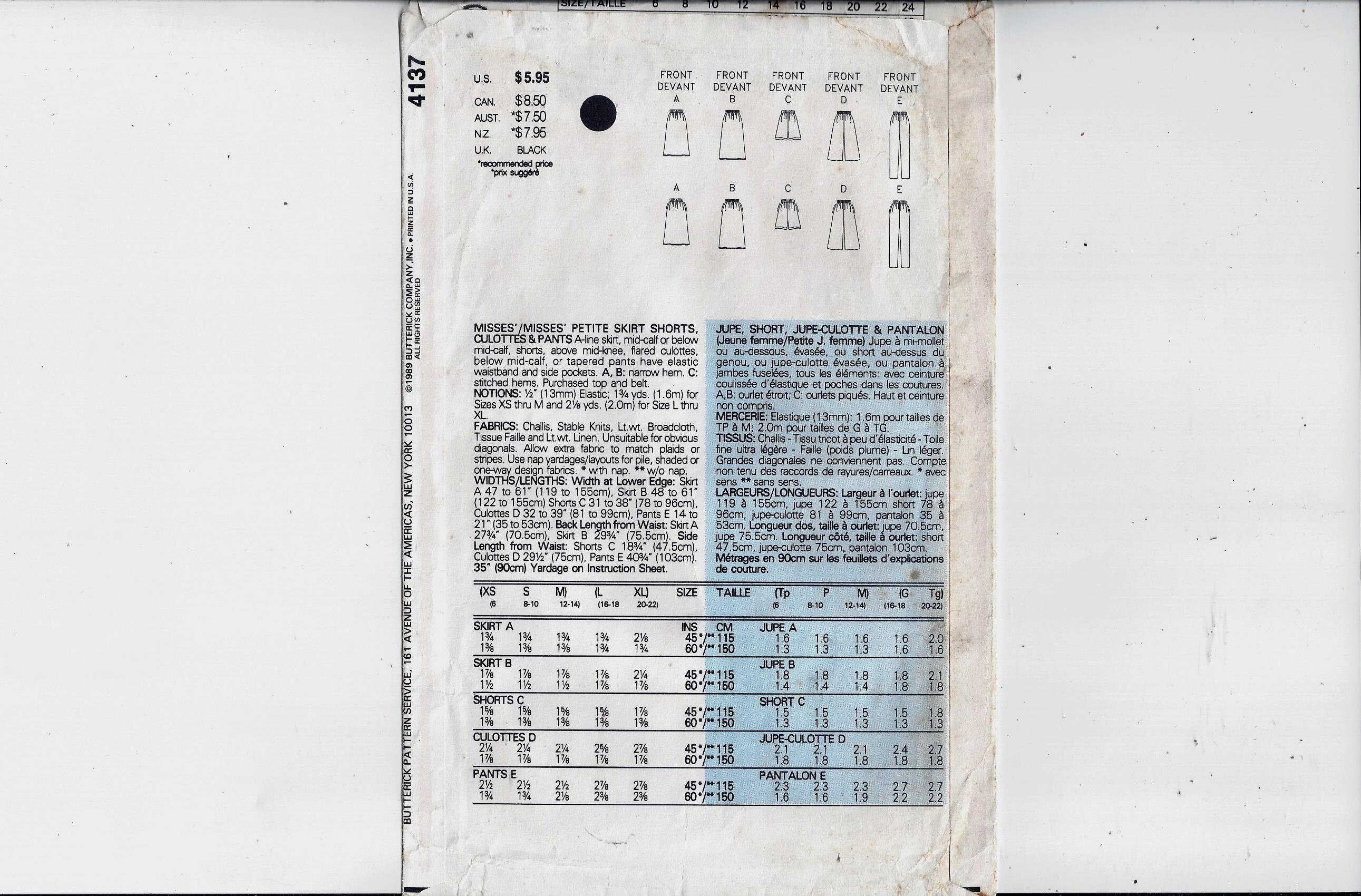 Butterick 4137 Pattern for Misses' Skirt Shorts Culottes | Etsy