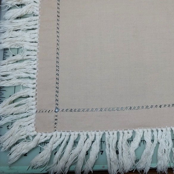 1980s Tan Tablecloth With Ivory Knotted Fringe & Drawn Work, Cotton, 54 ...