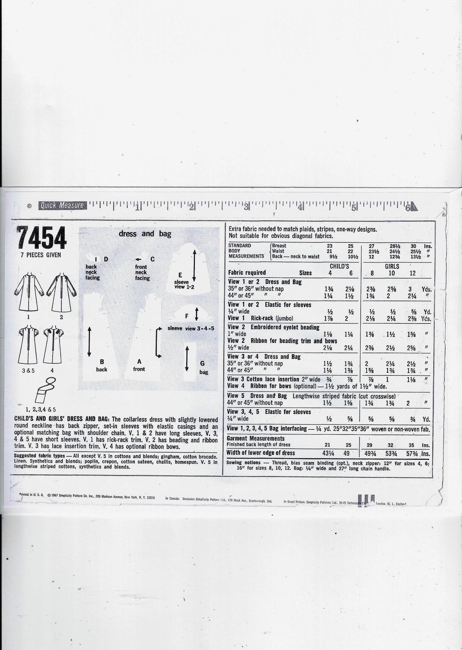 Simplicity 7454 Pattern for Girls' Jiffy Dress & Bag, Size 10,from 1967 ...