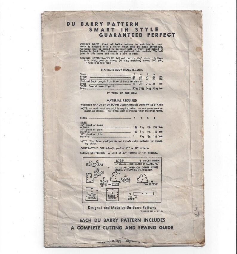 1940s Vintage Du Barry 5728 Pattern for Girls' Dress, Size 2, NON ...