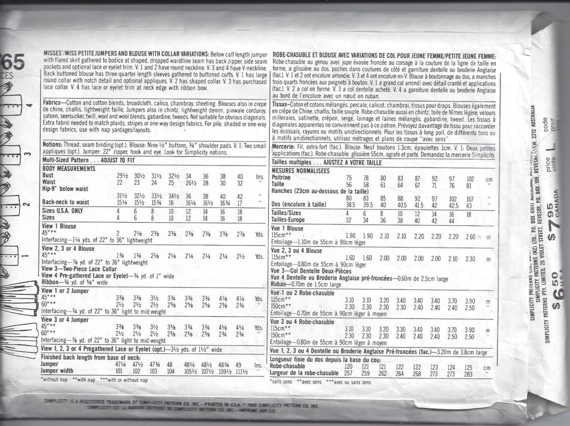 Simplicity 9765 Pattern for Misses' Jumpers & Blouses With - Etsy