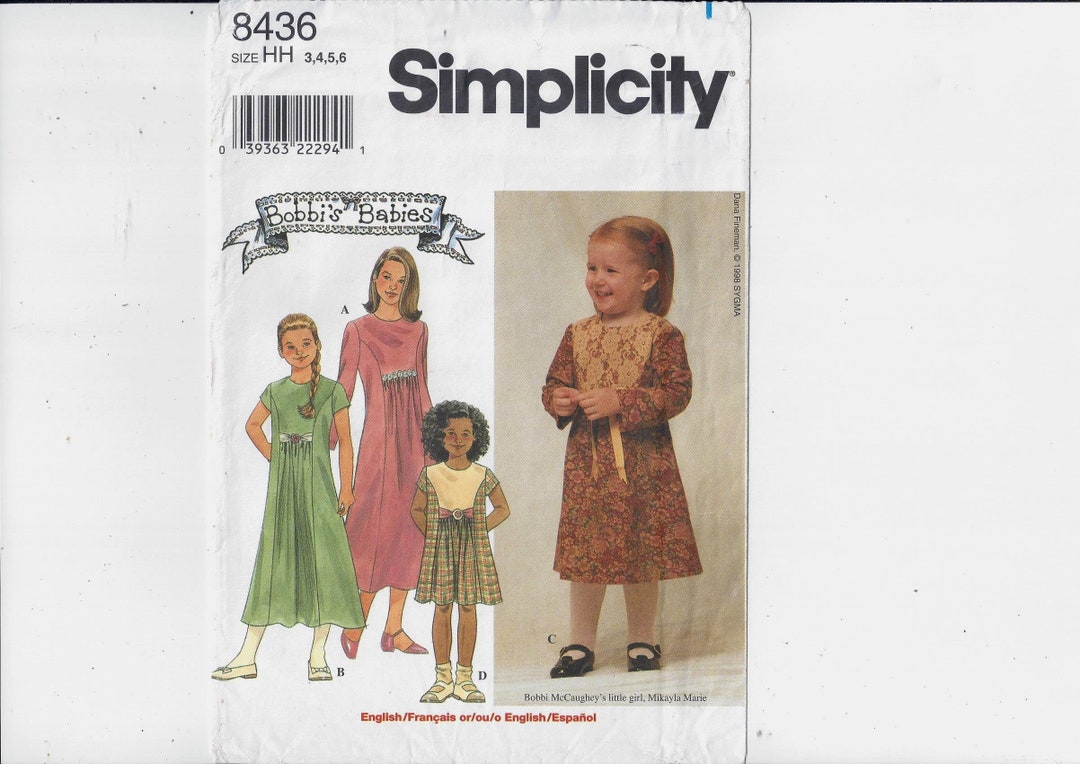 Simplicity 8436 Pattern for Girls' Dress, Sz 3 4 5 6, From 1998, Bobbi ...
