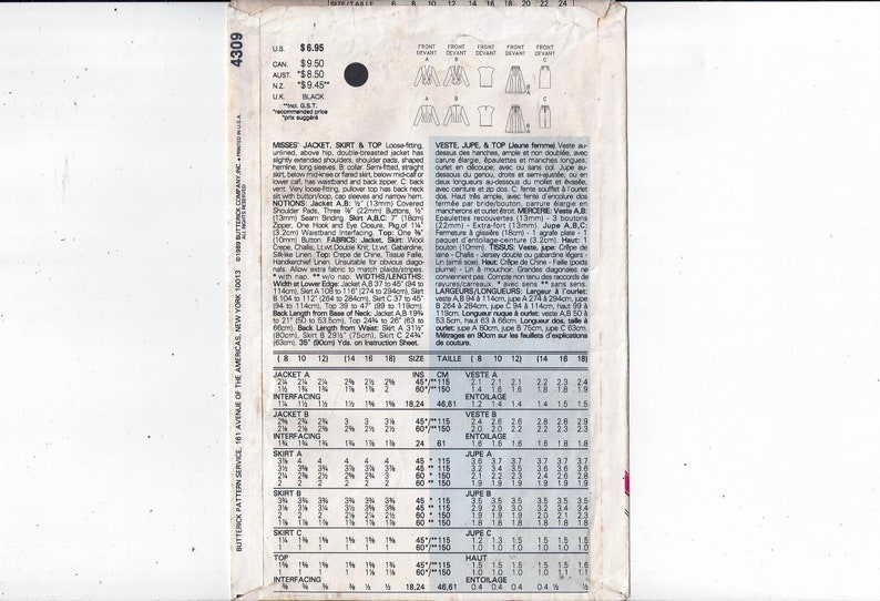 Butterick 4309 Pattern for Misses' Jacket Skirt Top - Etsy