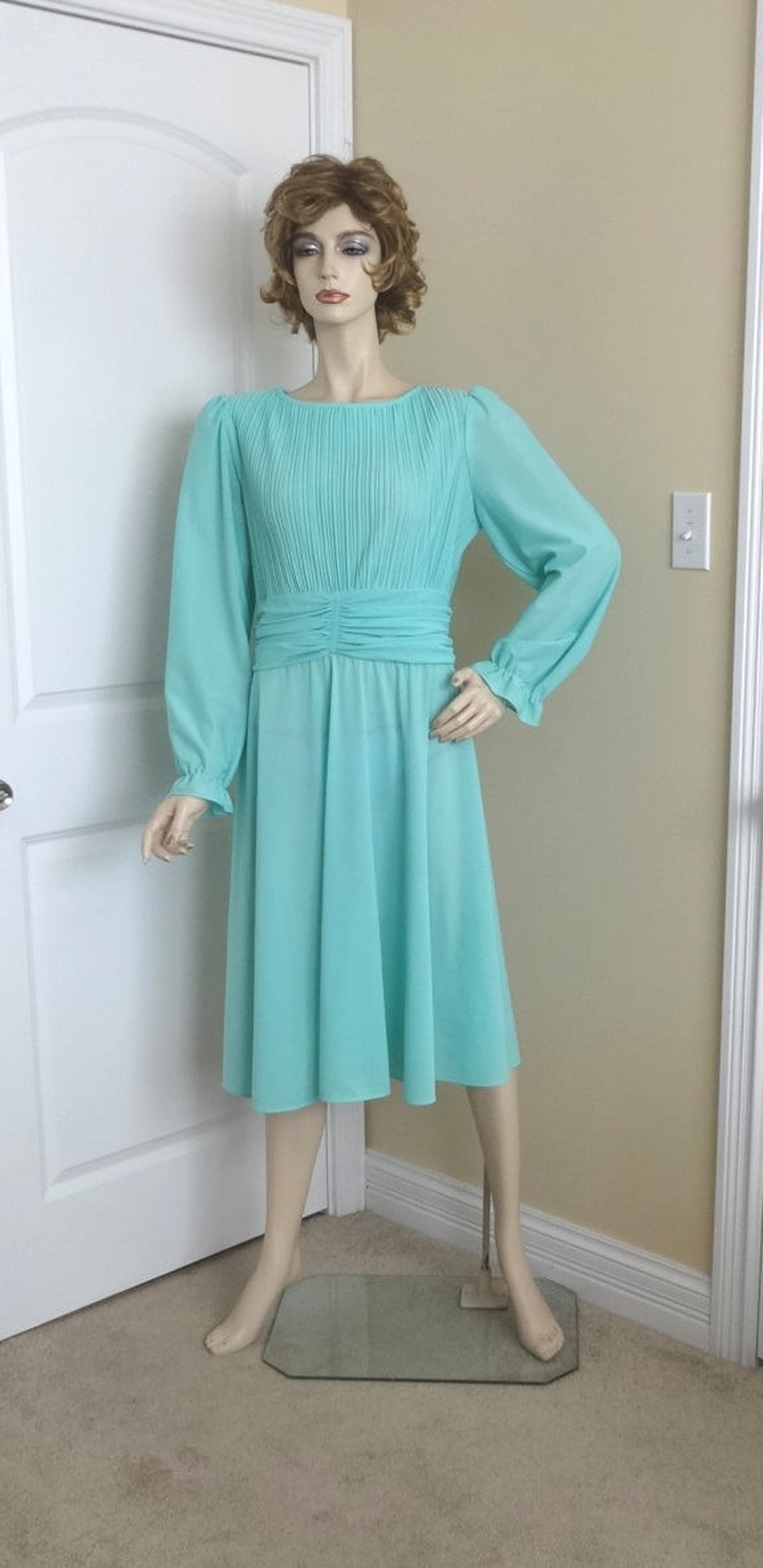 1980s Vintage Boston Maid Pleated Bodice Fashion Dress in Aqua, Size 14 ...
