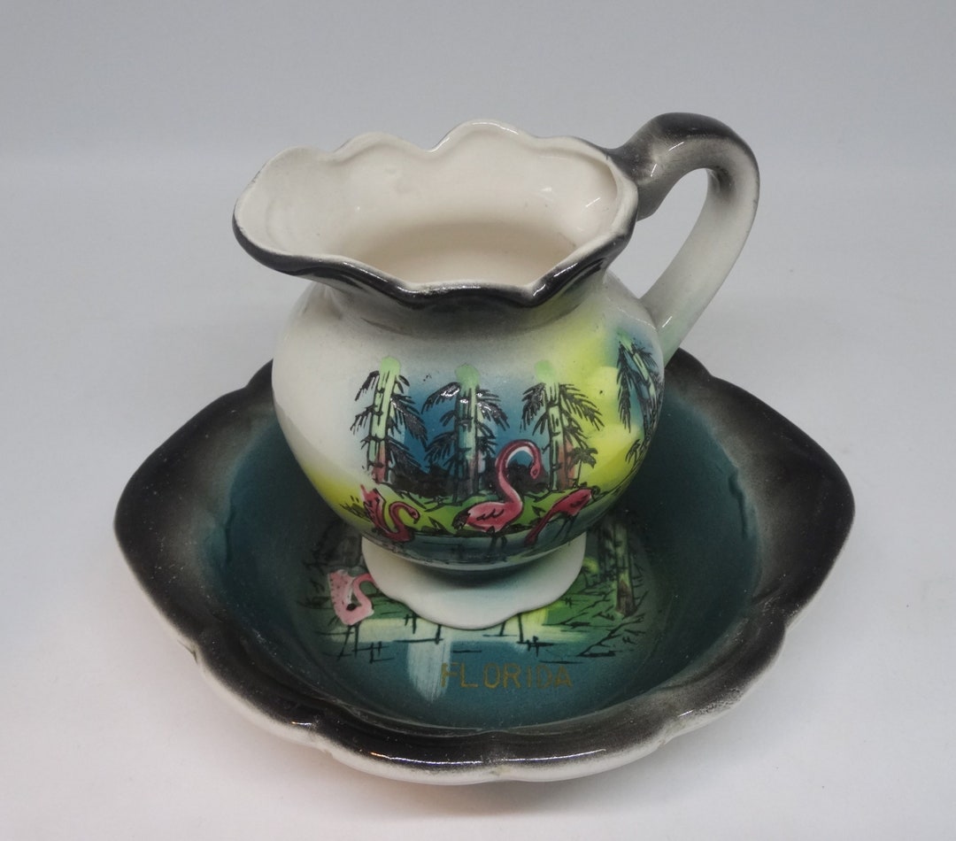 1960s Hand Painted Florida Mini Pitcher & Bowl With Flamingos, 5.75 X 4 ...