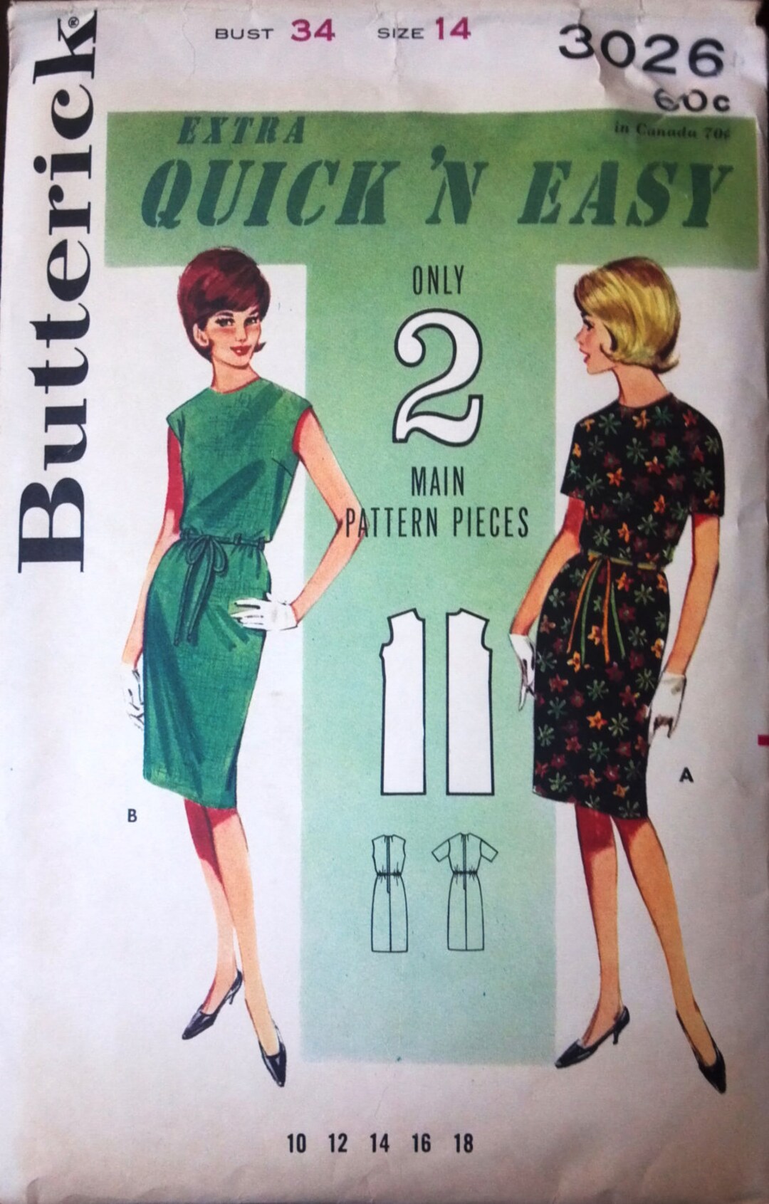 Butterick 3026 Pattern for Misses' Quick 'n Easy Dress, Size 14, Circa ...